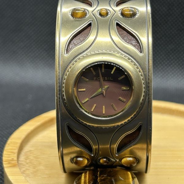Fossil Tiger Eye Cuff Watch Leather Cutout NWOT | WatchCharts Marketplace