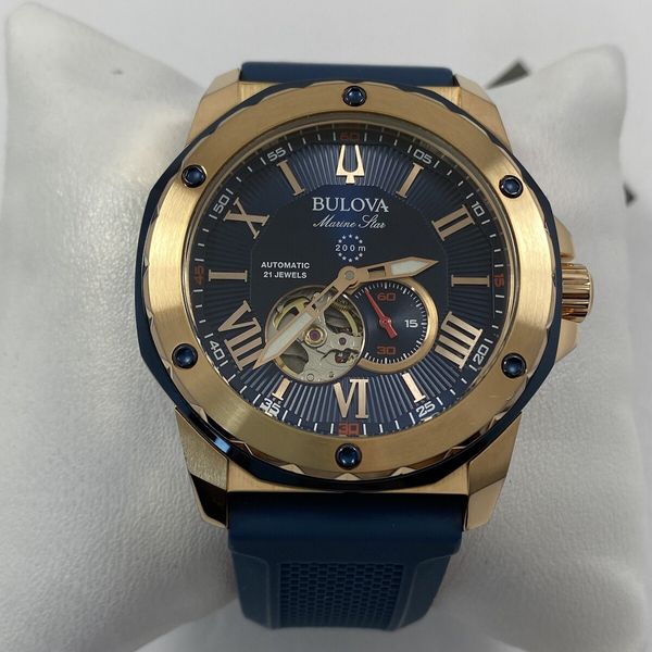 Bulova Marine Star Automatic Skeleton Blue Dial Rubber Strap Men's ...