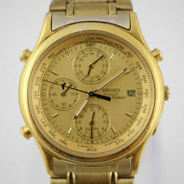 VINTAGE SEIKO QUARTZ WORLD TIMER GMT MENS WATCH 5T52-6A28 -PARTS OR ...
