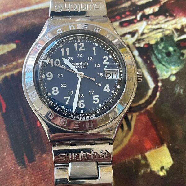 1993 Swatch Irony 37mm men, Blue, printed second indicators, box, extra ...