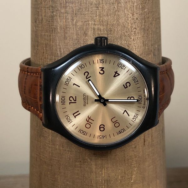 Swatch Men Touch Alarm Be on Time Stam 100 Brown Leather Quartz Watch 7 ...