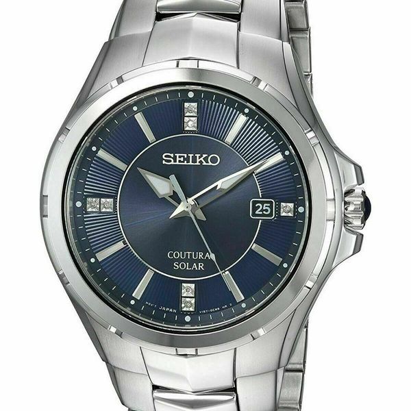 Seiko Men's Coutura Blue Diamond Dial Silver Tone Solar Watch-SNE443 ...