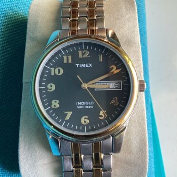 Easy read, TIMEX Watch,GOLD NUMBERS,INDIGLO WR30M,NEW BATTERY,WORKS Great. | WatchCharts Marketplace