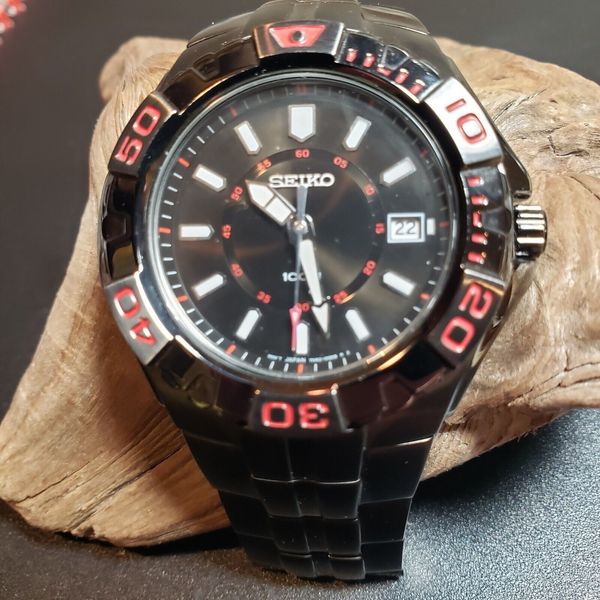 Seiko RARE Black PVD Stainless Steel Rotating Bezel Red Numbers Date ...