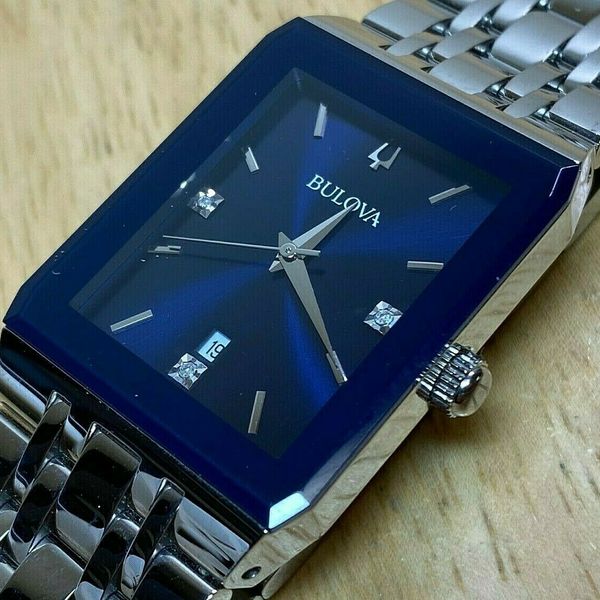 Bulova C8691803 Men Silver Blue Diamonds Analog Quartz Watch Hours~Date ...