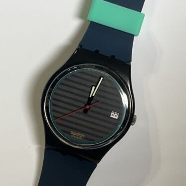 ð Vintage 1989 GB411 GREY LINE Swatch Watch 34mm Gents 89 ð New Bands ...