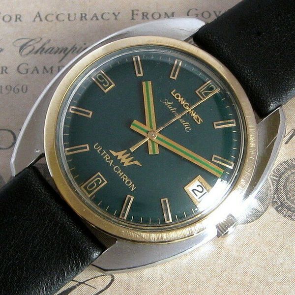 Mens 1972 Longines ULTRA-CHRON Green Dial 14K Gold & S/S AUTOMATIC Date ...
