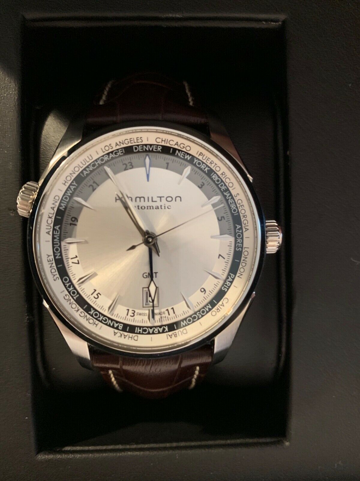 Hamilton Men's H32605551 'Jazzmaster' GMT Automatic Brown Leather Watch ...