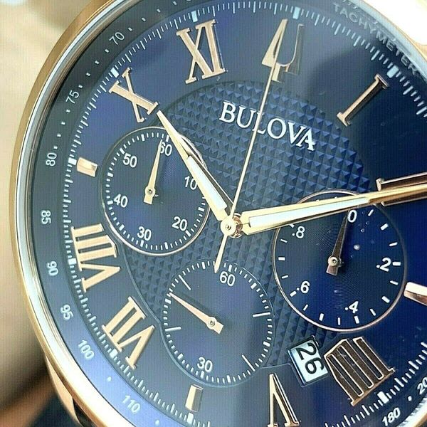 Bulova Men's Watch 97B170 Quartz Blue Dial Rose Gold Tone Case Leather ...
