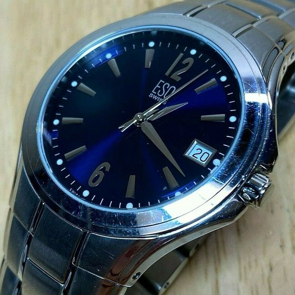 ESQ Movado Men Silver Steel Blue Swiss Analog Quartz Watch Hour~Date ...