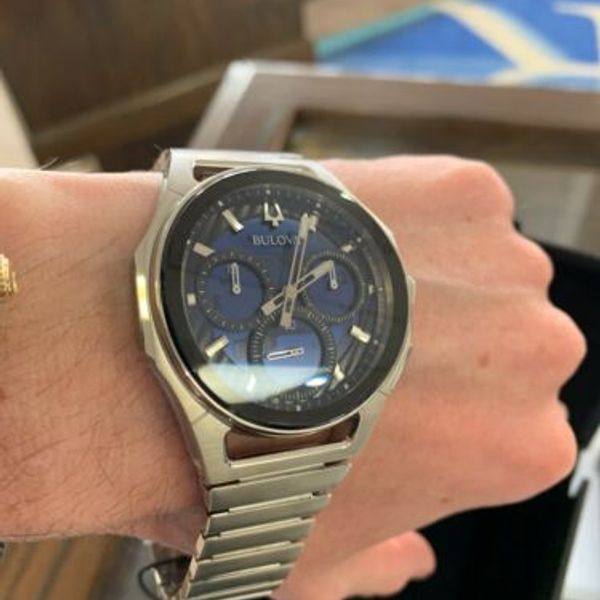 Bulova Men's Curv Chronograph Blue Dial Stainless Steel Quartz Watch ...