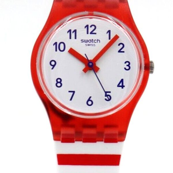 New Swiss Swatch BLUE BOAT Red Silicone Petite Women Watch 25mm LR135 ...