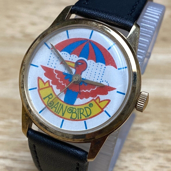 Vintage Rain Bird Watch 1318 Hand Wind Men Gold Tone Black Leather Band ...