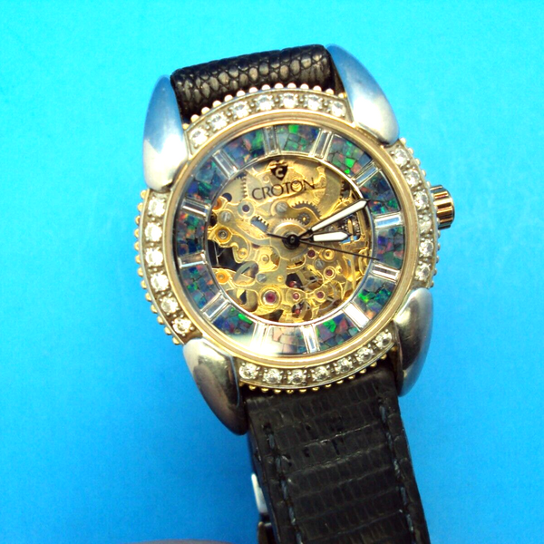 CROTON AUTOMATIC SKELETON WATCH--OPAL INLAY DIAL--UNISEX--RUNNING ...