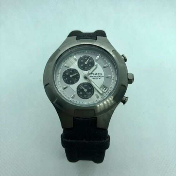 Stainless Steel Timex Chronograph Watch SR 927 W Cell + Black Leather Band | WatchCharts Marketplace