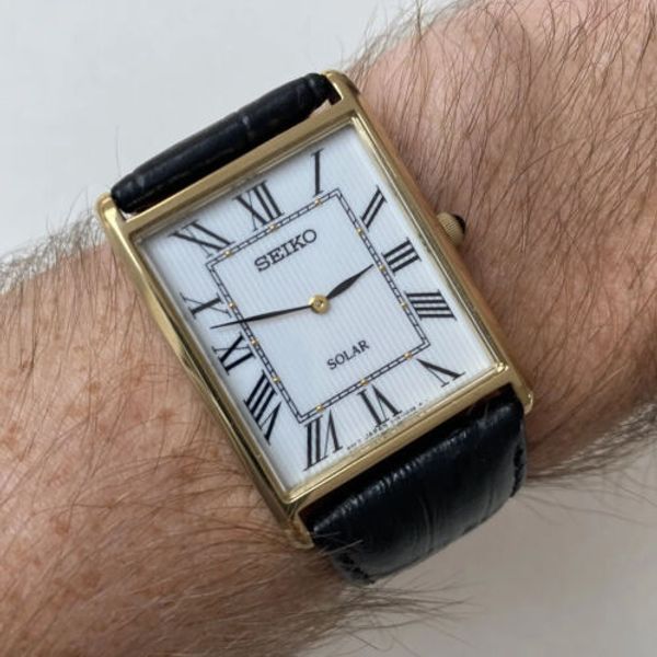 Seiko Solar Tank V115-0BC0 Gold Plated White Dial Roman Numeral Watch ...