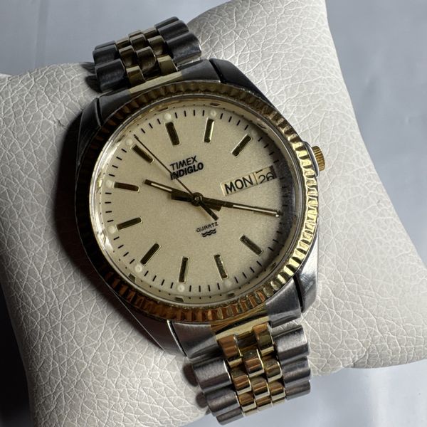 TIMEX INDIGLO QUARTZ CREAM DIAL MEN'S Watch Day/Date Two Tone New ...