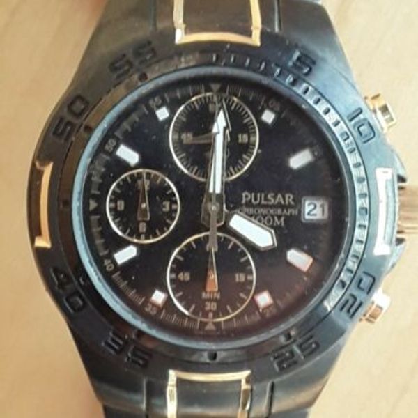 VD67-X002 VTG PULSAR SEIKO JAPAN BLACK GOLD DIVER CHRONOGRAPH WATCH WOW ...