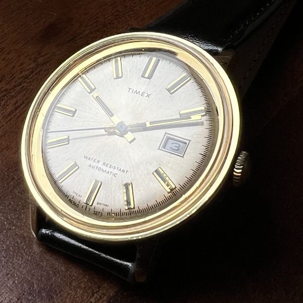 1973 Vintage Timex automatic date gold plated mens watch on black strap ...