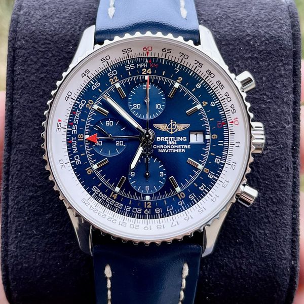 FS: Breitling Navitimer World GMT 46mm Blue Dial Leather Strap A24322 ...