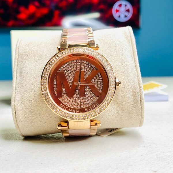 New Michael Kors MK6176 Parker Rose Gold Blush Pave Crystal MK Logo ...