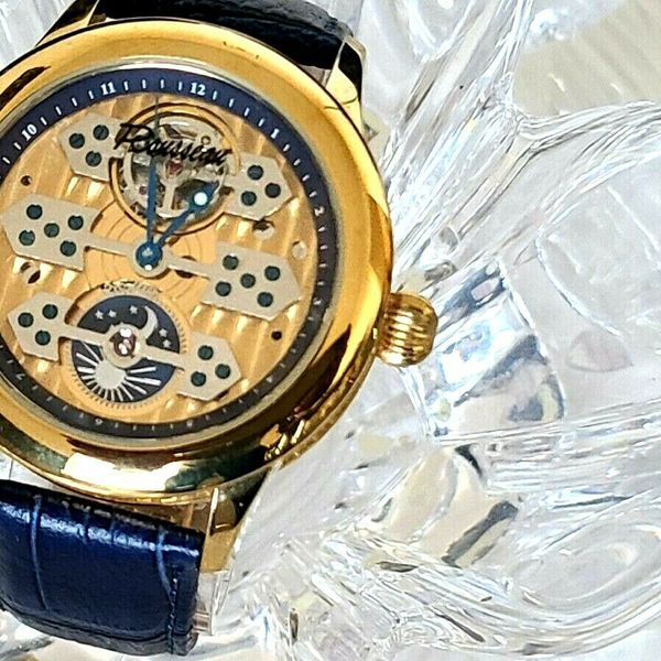 Rousseau Automatic Moon -Phase Gold-Tone Blue Leather Mens Watch 3072 ...