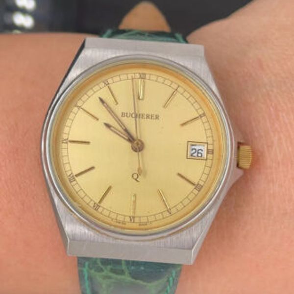 BUCHERER Q Rare Vintage Men’s Battery Watch / Green leather strap ...