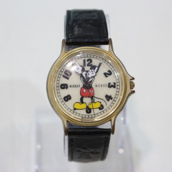 Vintage Fossil Disney Mickey Mouse Stainless Gold Black Leather Quartz ...