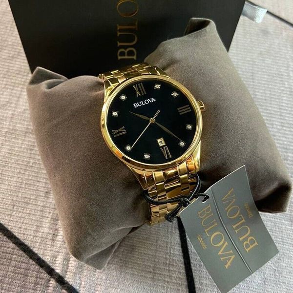 Classic Bulova Men's Black Dial & Gold Bracelet 97D108 Quartz Watch ...