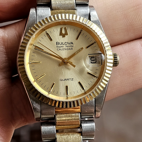 Vintage Bulova Super Seville Calendar Quartz ETA 555 415 two tone ...