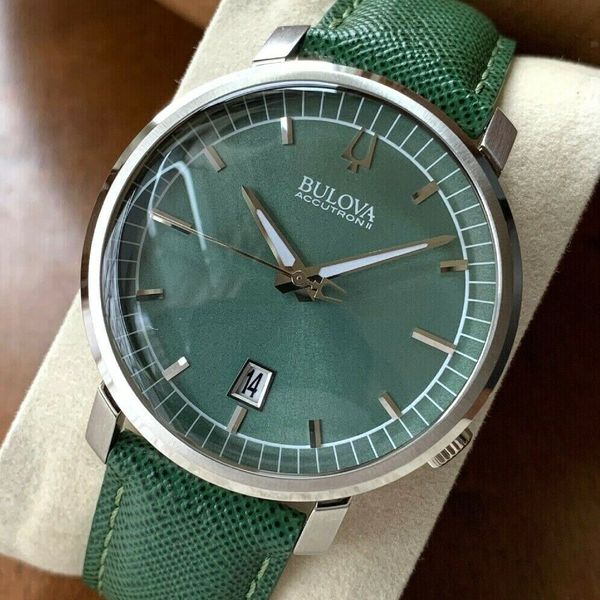 Bulova Accutron II Men's Watch 96B215 Green Dial Leather Date Silver ...