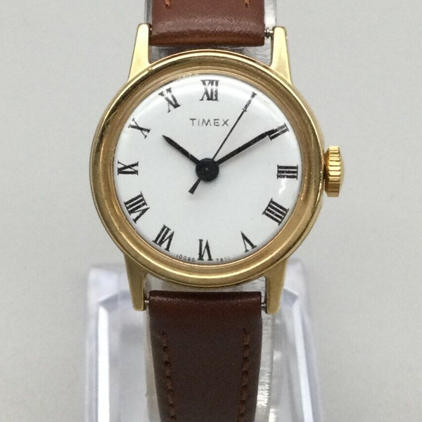 Vintage Timex Watch Women 25mm Gold Tone Date Leather Band Manual Wind ...