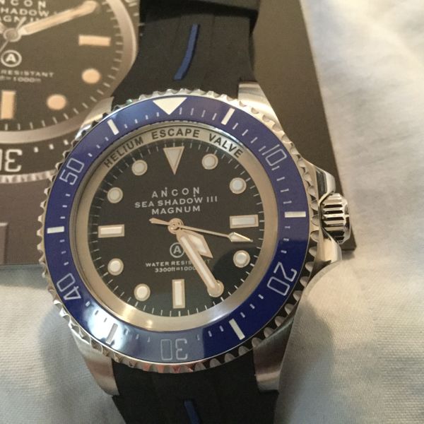 SOLD--ANCON- Sea Shadow III Blue bezel/black face w Bracelet NIB ...