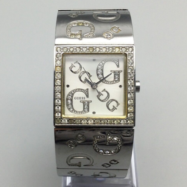 Guess Watch Women Pave Silver Tone Square Dial Logo Band New Battery 6 ...