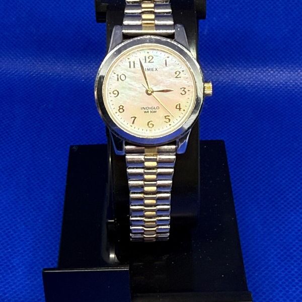 Timex Watch Women 25mm Silver Gold Tone MOP Indiglo Stretch Band New ...