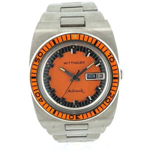 Vintage Wittnauer Automatic Day Date Diver Watch Rare Orange Dial ...