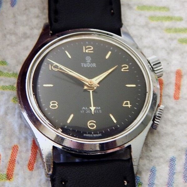 VINTAGE MANUAL WIND SWISS TUDOR ALARM BLACK COLOR DIAL 33MM CASE ...