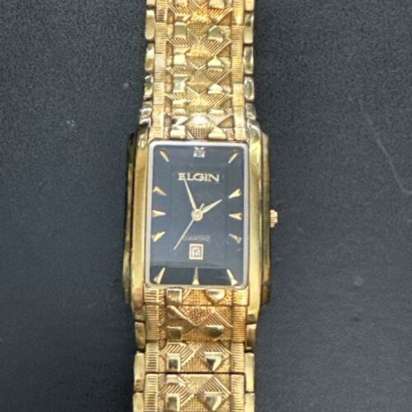Elgin FG8014 Diamond Indice Black Rectangle Analog Date Bracelet Watch ...