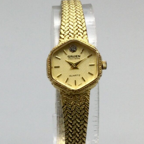 Gruen Precision Watch Women 18mm Gold Tone Hexagon Chevron Dial New ...