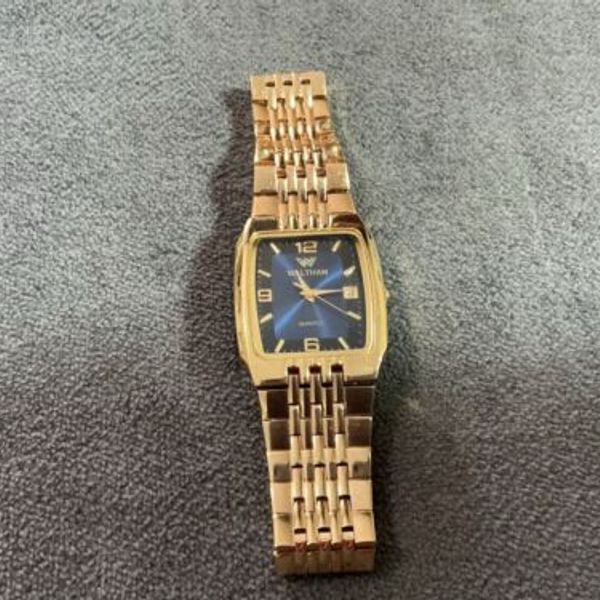 Waltham Tank Watch Men Blue Dial Gold Tone Date Rectangle New Battery ...