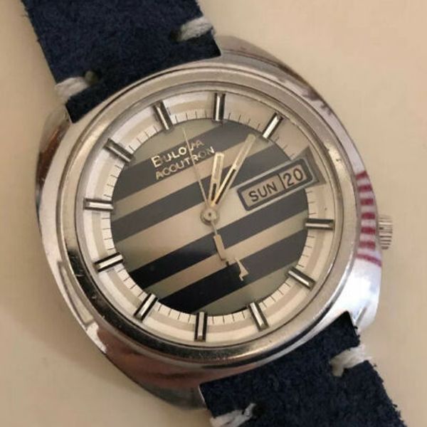 Vintage Bulova Accutron 218 N4 1974 Blue Striped Dial Watch Day Date ...