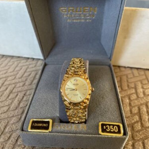 Vintage GRUEN Diamond Precision Quartz Watch Gold Plate Nugget Style ...