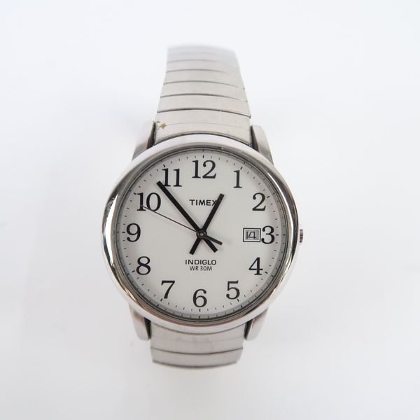 Vintage Men's Timex Indiglo Watch WR 30M w/ Classic White Dial & SS Stretch Band | WatchCharts ...