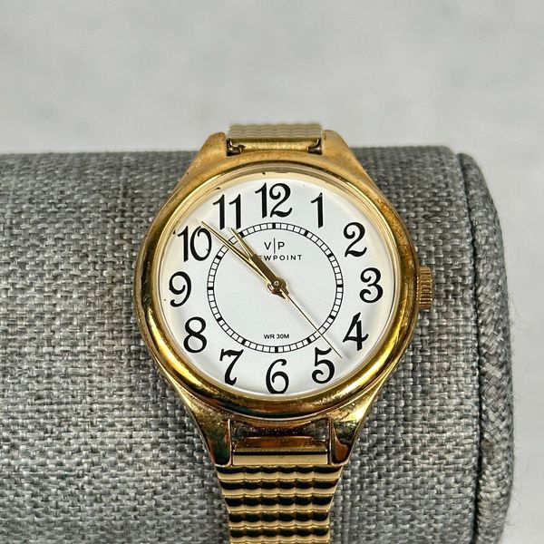Viewpoint Timex Watch Womens 30mm Round Gold Tone Stretchy Quartz New ...