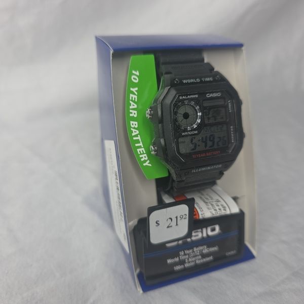 Brand New Casio World Time 10 Year Battery WR100M Black Watch AE-1200WH ...