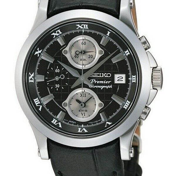 Seiko Premier Alarm Chronograph Black Leather Watch SNA587P1 ...