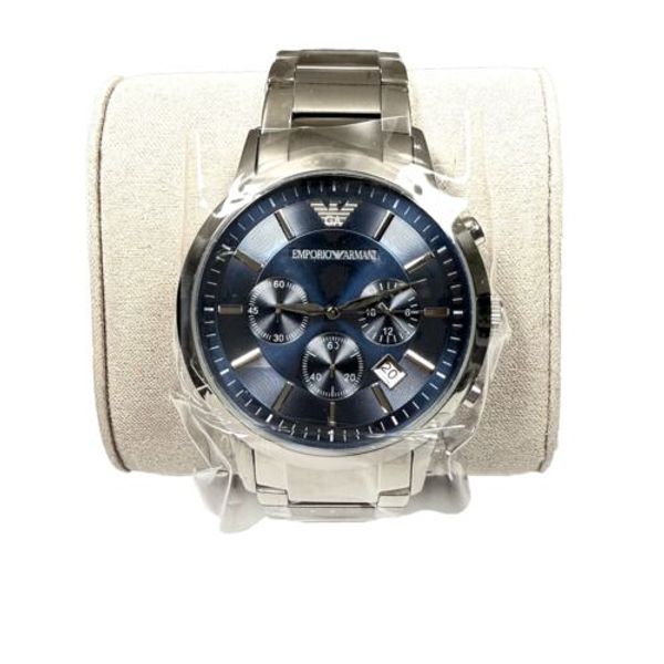 Emporio Armani AR2448 Mens Watch Chronograph Steel Silver Blue Dial w ...