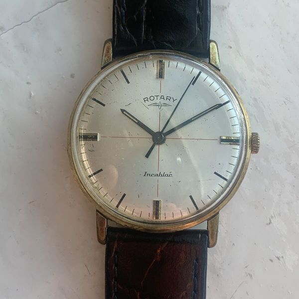 Mens Vintage Rotary Incabloc Mechanical Watch Red Crosshair Gold Plate ...
