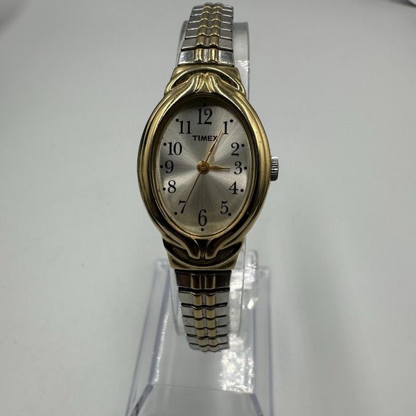 Timex Watch Women Silver Gold Two Tone Oval Dial Stretch Band Working 6 ...