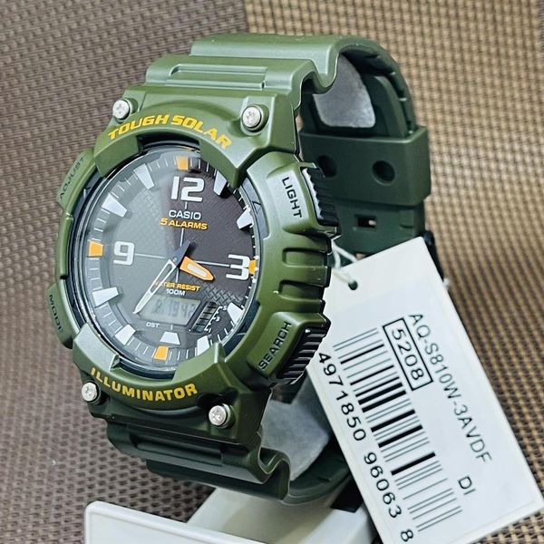 Casio AQ-S810W-3A Solar Powered Analog Digital Black Dial Green Resin ...